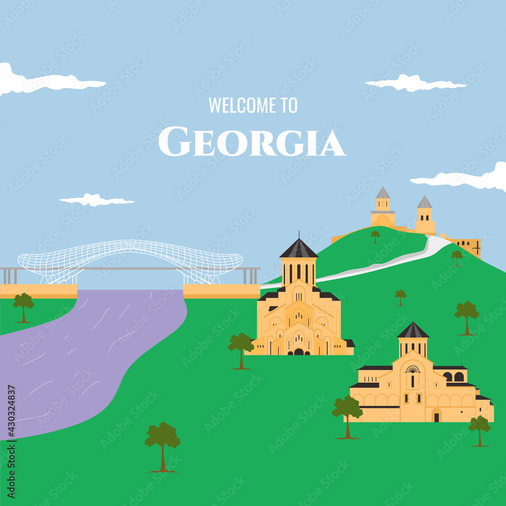 Flat vector illustration set of Georgia consisting of landmark ...