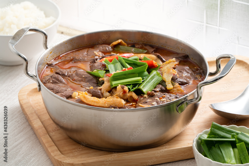 Pig intestine with duck blood. Taiwanese traditional spicy hot pot soup ...