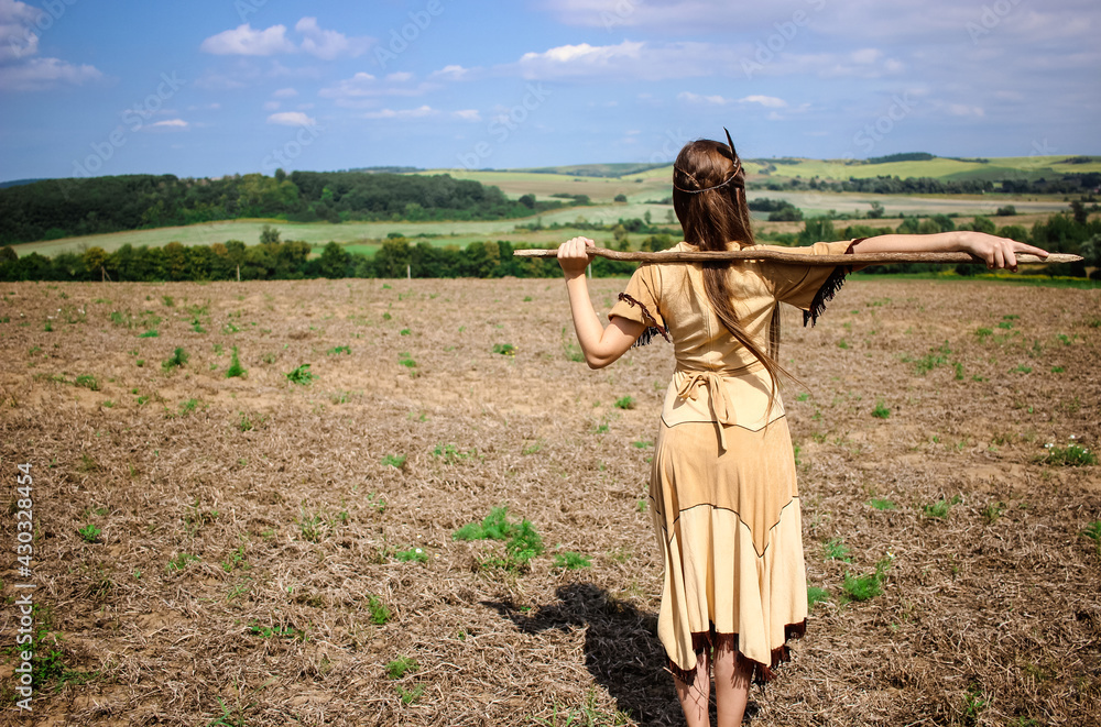 Beautiful strong woman with a braid and feather in a native american ...