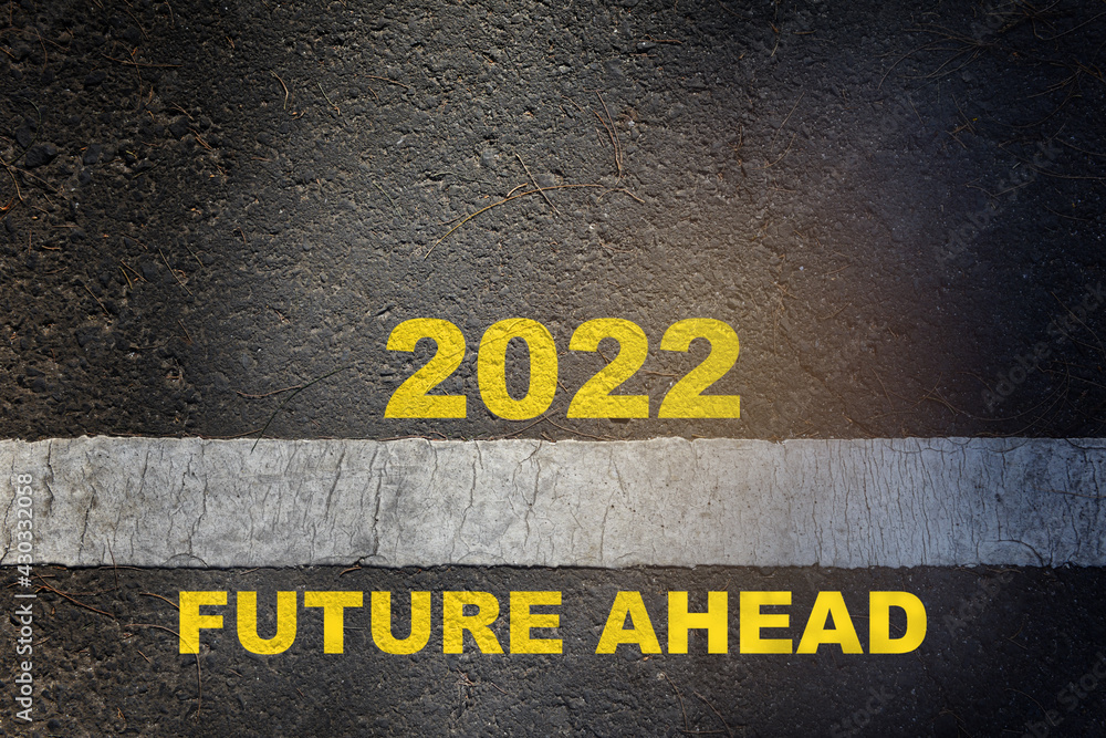 New year 2022 and future ahead word with white starting line on road ...