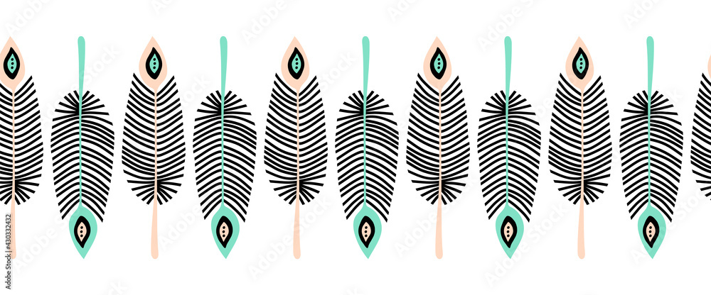 Feathers seamless vector border. Repeating horizontal pattern hand ...