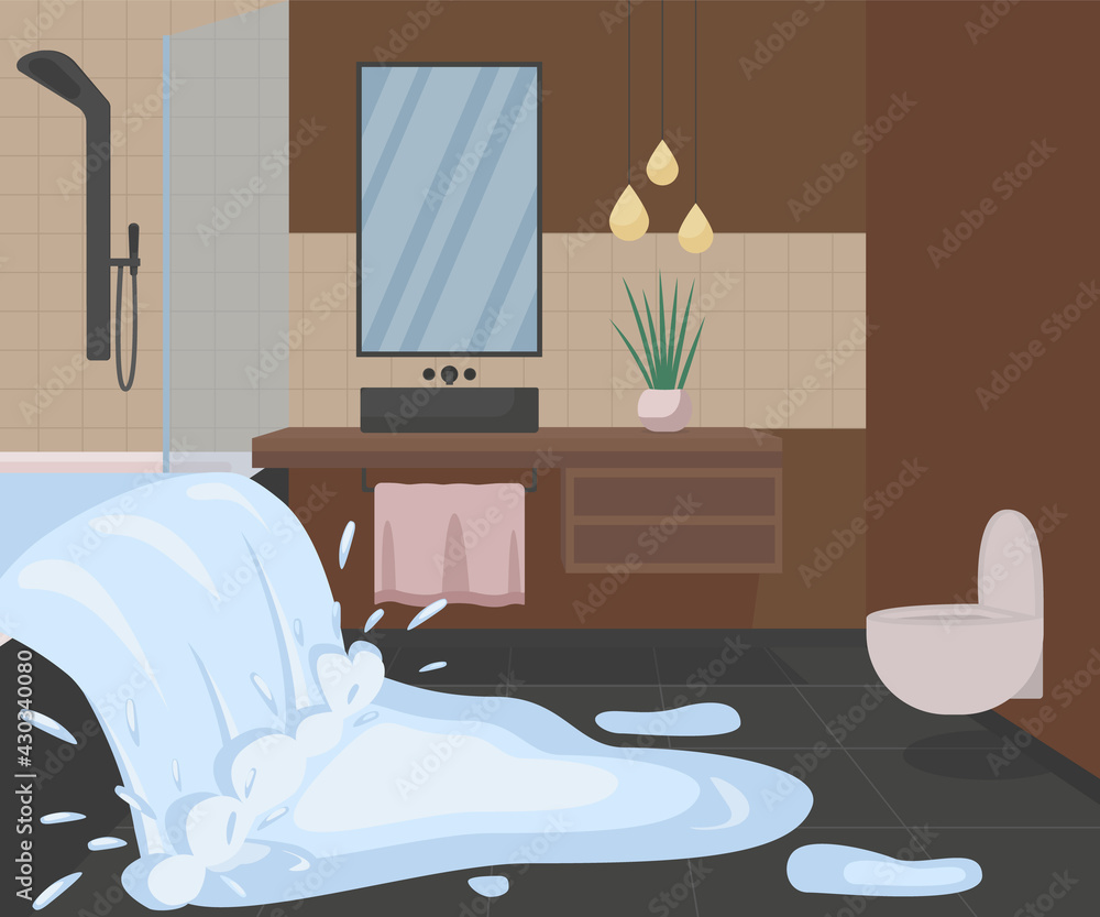 Bathroom flooding with water flat color vector illustration. Broken ...