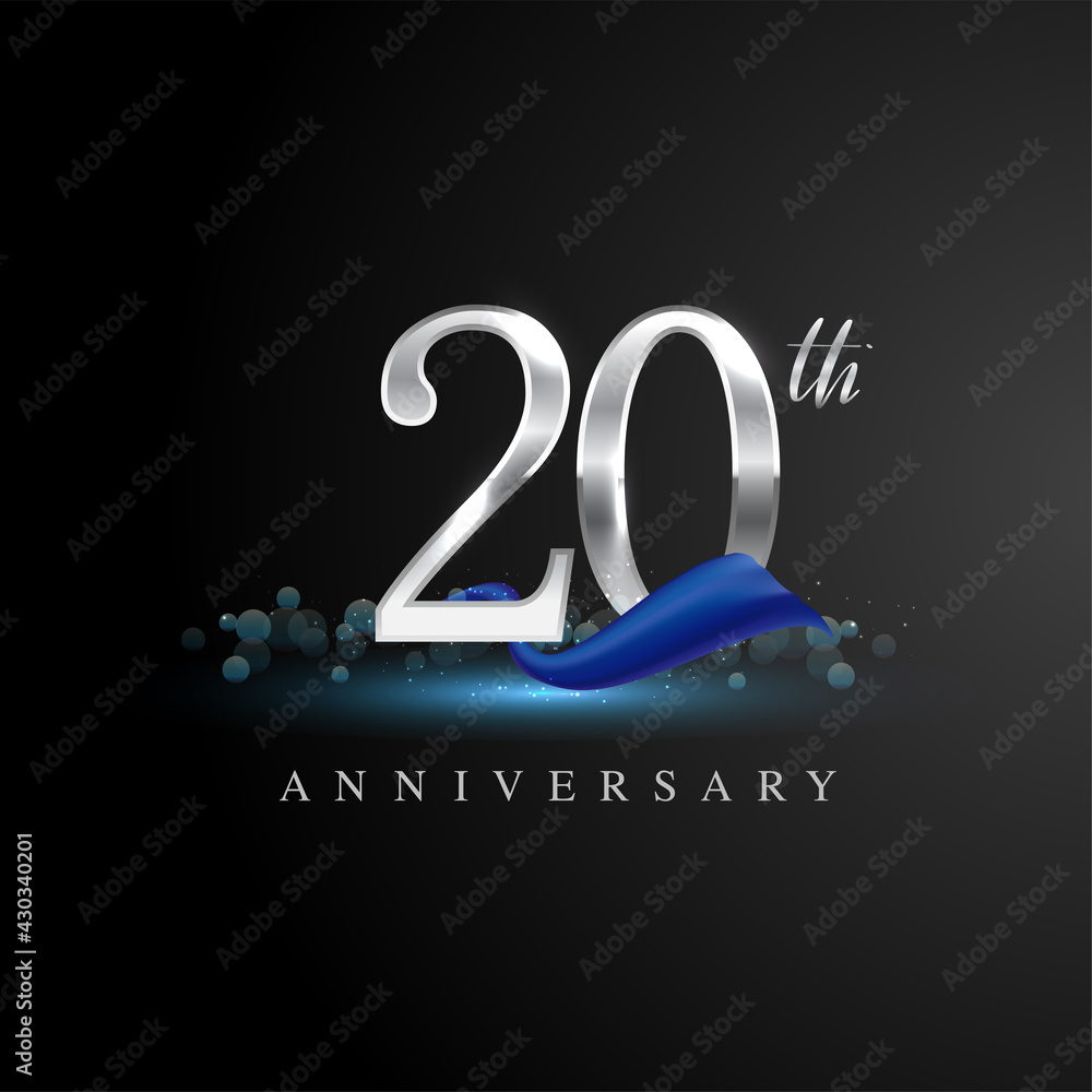 20th silver anniversary logo with blue ribbon isolated on elegant ...