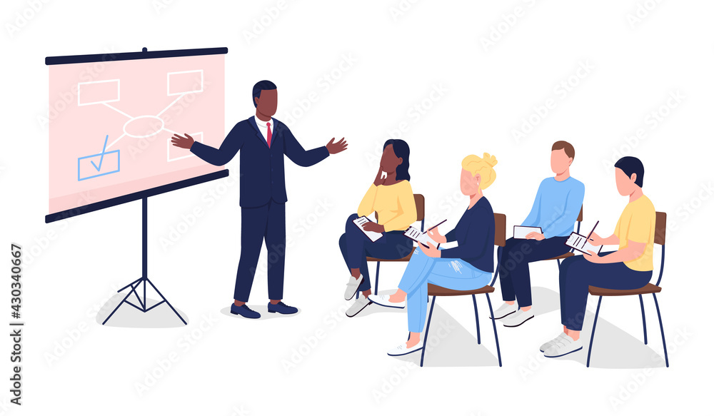 People at business seminar flat color vector faceless characters. Tutor ...