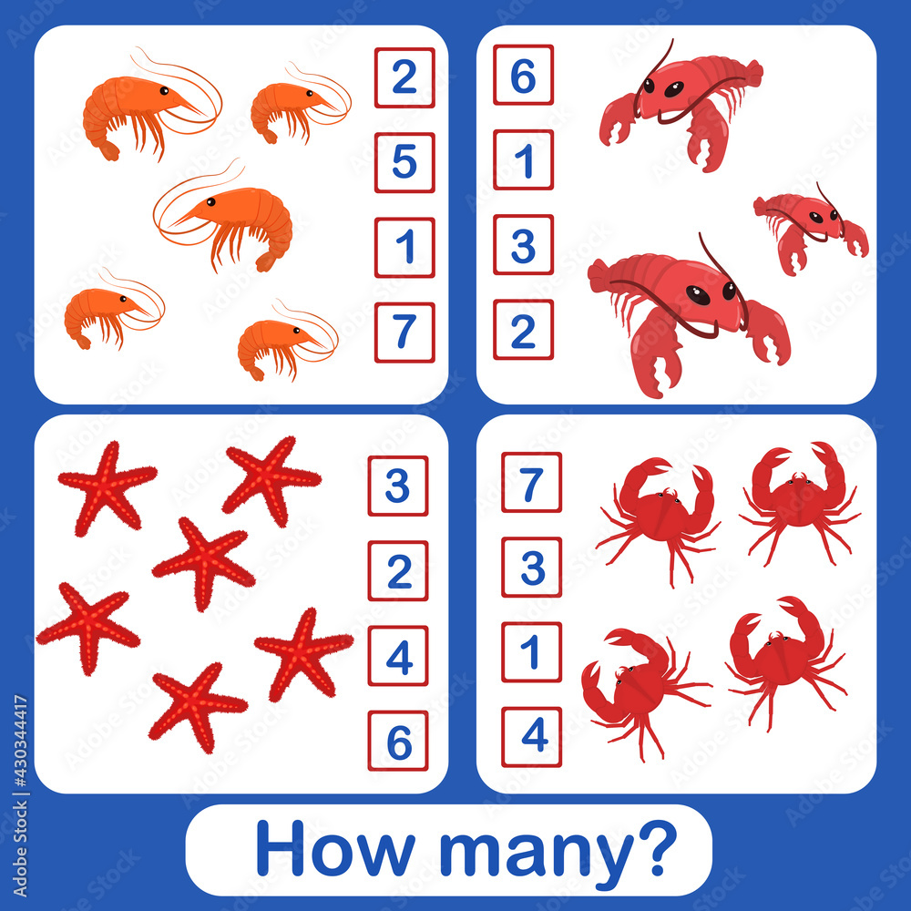 Educational math game for preschool children on the theme of marine ...