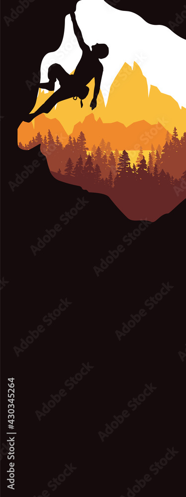 Vertical banner of man climbing rock overhang in cave. Mountains and ...