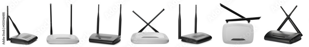 Set with modern Wi-Fi routers on white background. Banner design Stock ...