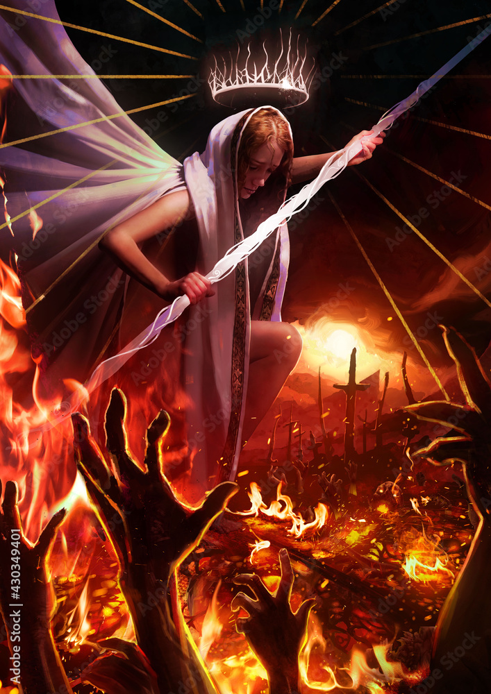 Ilustração Do Stock A Beautiful Angel Girl In White Clothes With A Hood Seals The Gates To Hell