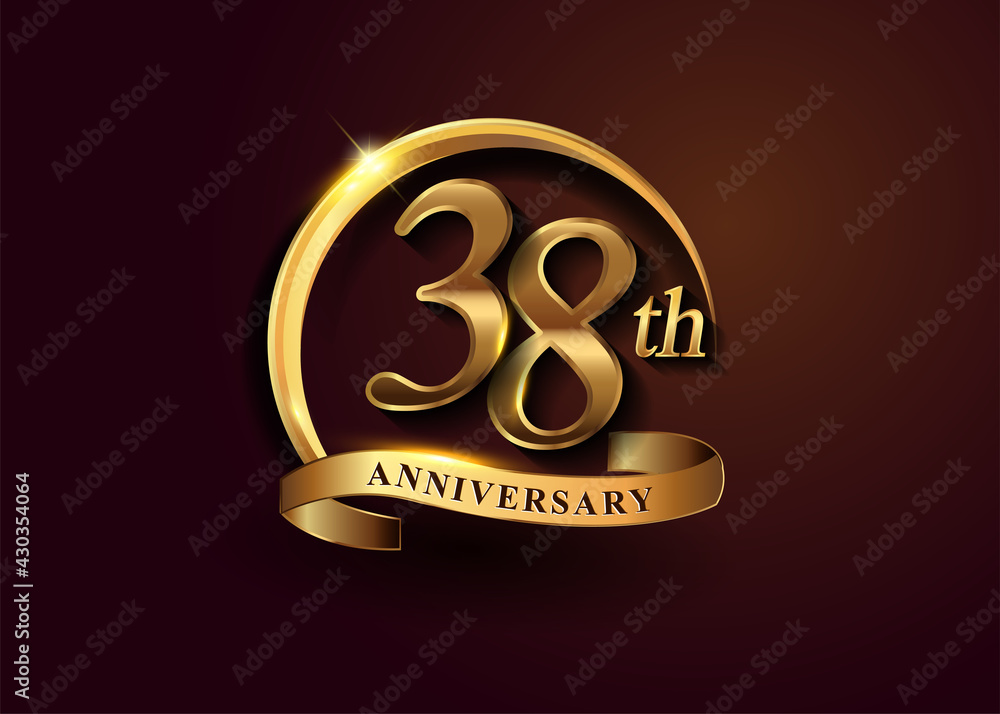 38th golden anniversary logo with gold ring and golden ribbon, vector ...