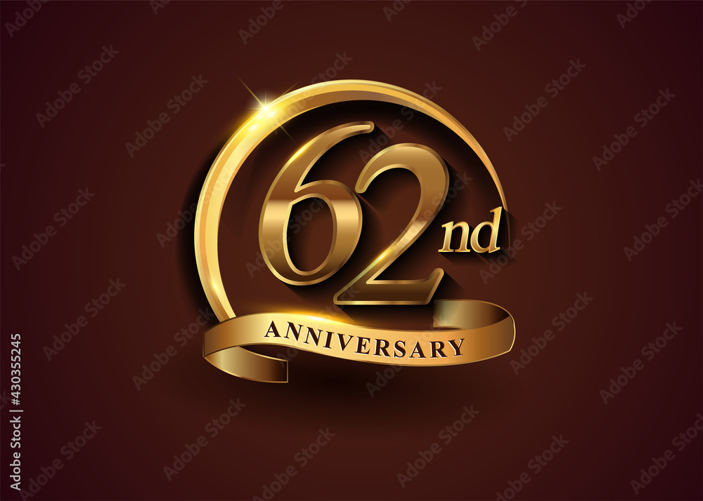 62nd golden anniversary logo with gold ring and golden ribbon, vector ...