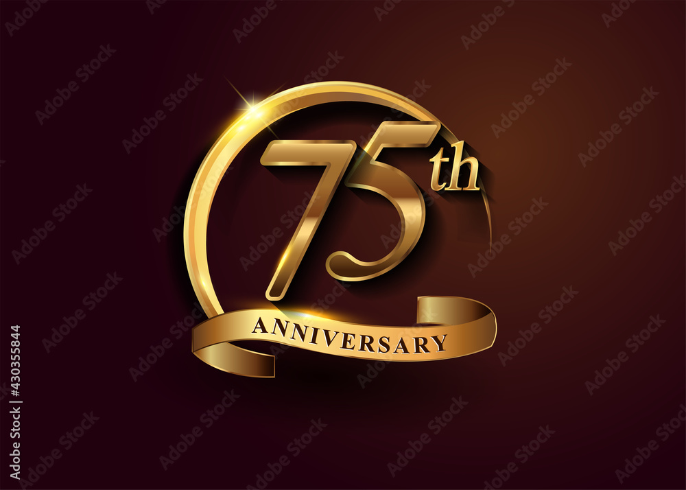 75th golden anniversary logo with gold ring and golden ribbon, vector ...