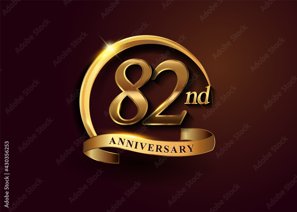 82nd golden anniversary logo with gold ring and golden ribbon, vector ...