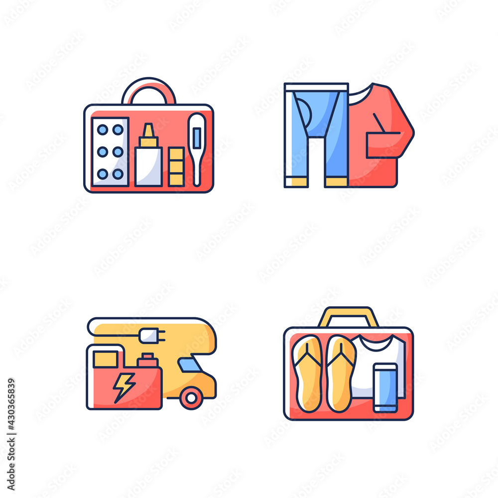 Traveler things for vacation RGB color icons set. Trailer electricity ...
