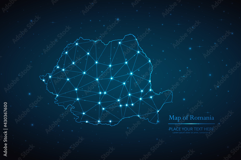 Abstract map of Romania geometric mesh polygonal network line ...