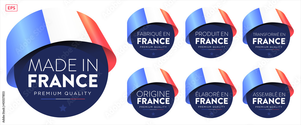 set badge logotype of Made in France badge with ribbon and flag on ...