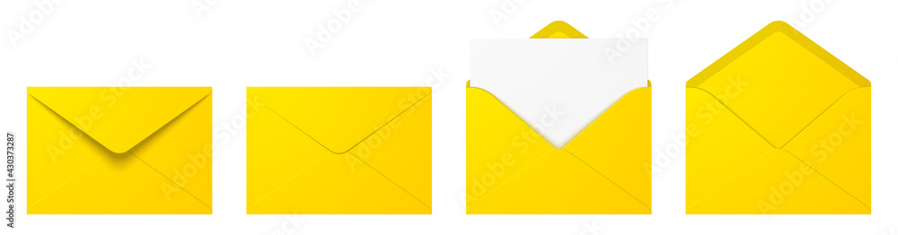 Vector set of realistic yellow envelopes in different positions. Folded and unfolded envelope ...