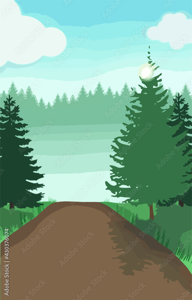 Cartoon forest landscape, path in nature, illustration Stock Vector ...