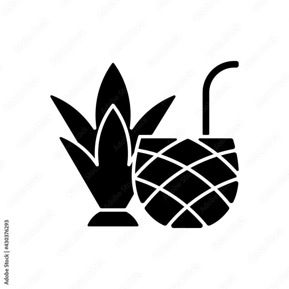 Pina colada black glyph icon. Mixed alcoholic drink, cocktail. Tropical ...