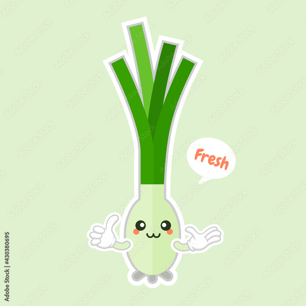 Vetor de cute scallion cartoon character. kawaii smiling leek vegetable ...