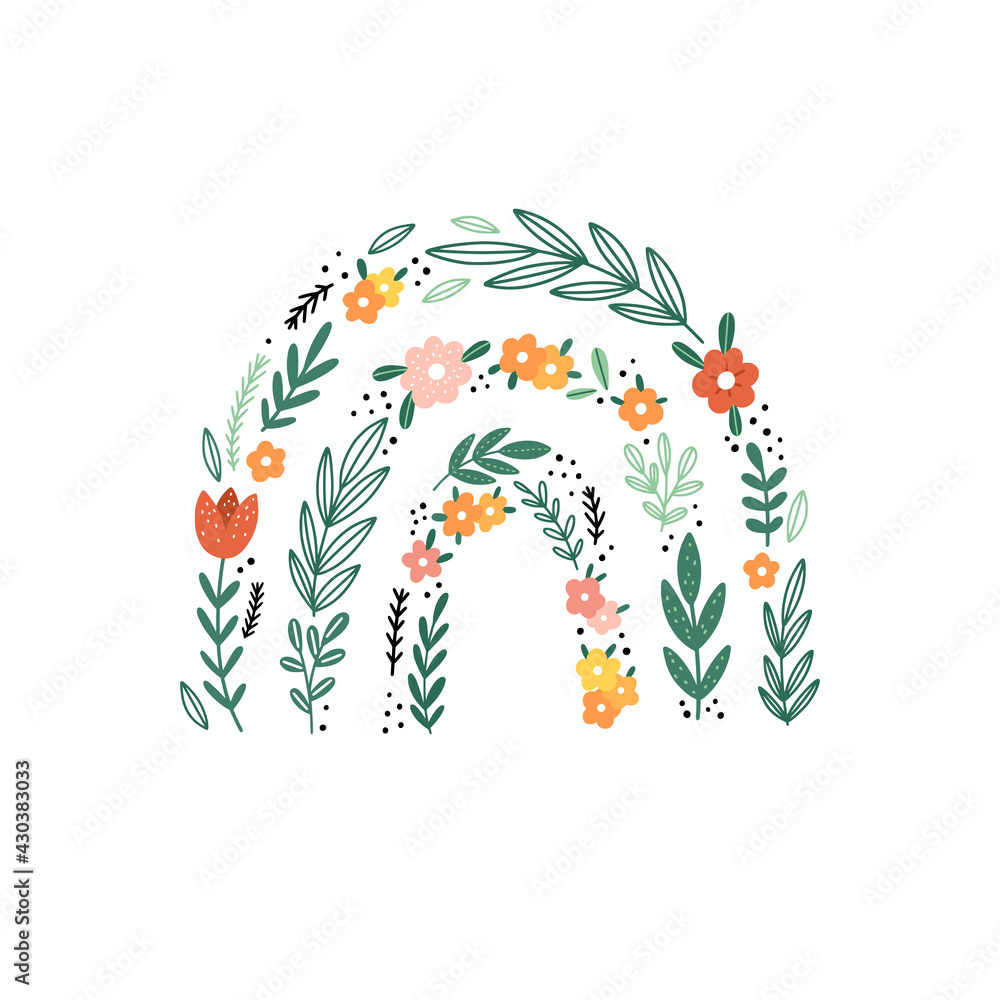 Floral rainbow vector clipart. Beautiful rainbow with flowers, leaves ...