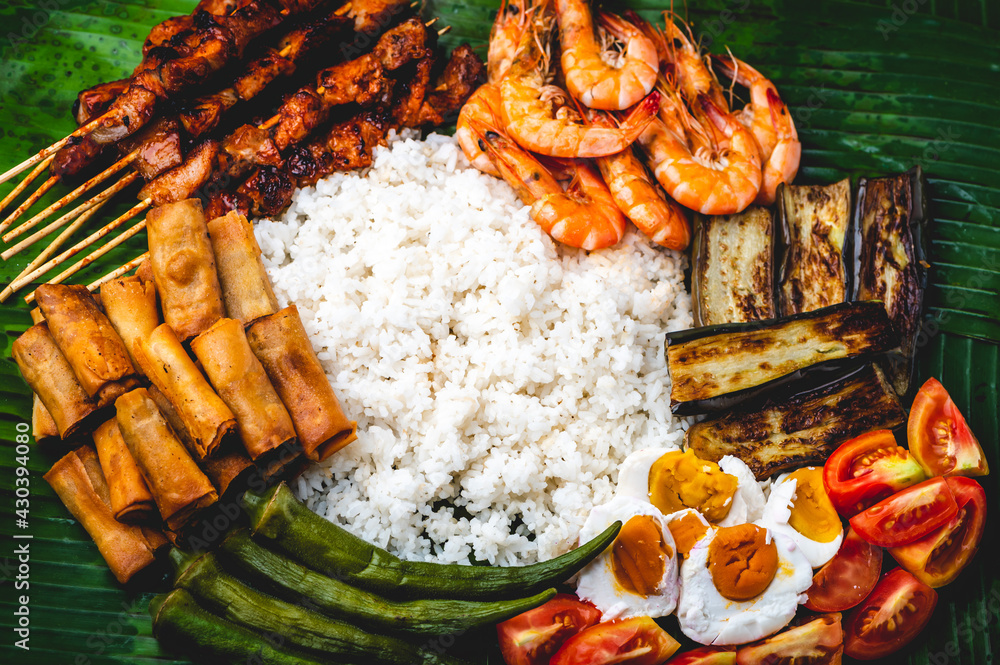 Boodle Fight- White Rice, Lumpiang Shanghai, Salted Egg, Tomato, Boiled ...