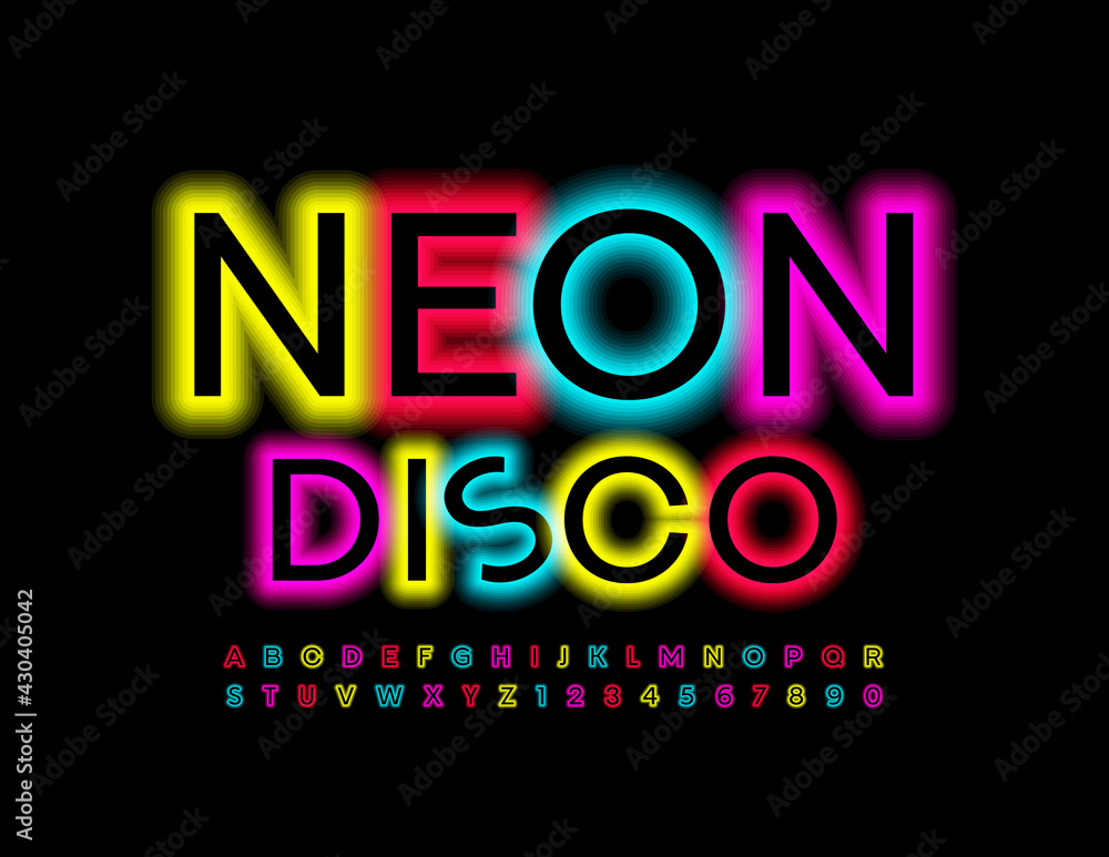 Vector Bright Banner Neon Disco. Colorful Glowing Font. Electric ...