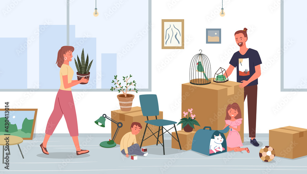 Happy family relocate, moving to new house or home apartment vector ...