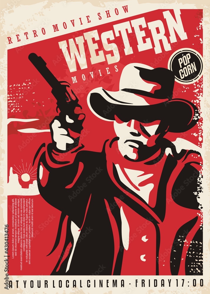 Gunman shooting with gun, retro poster concept for western movies ...