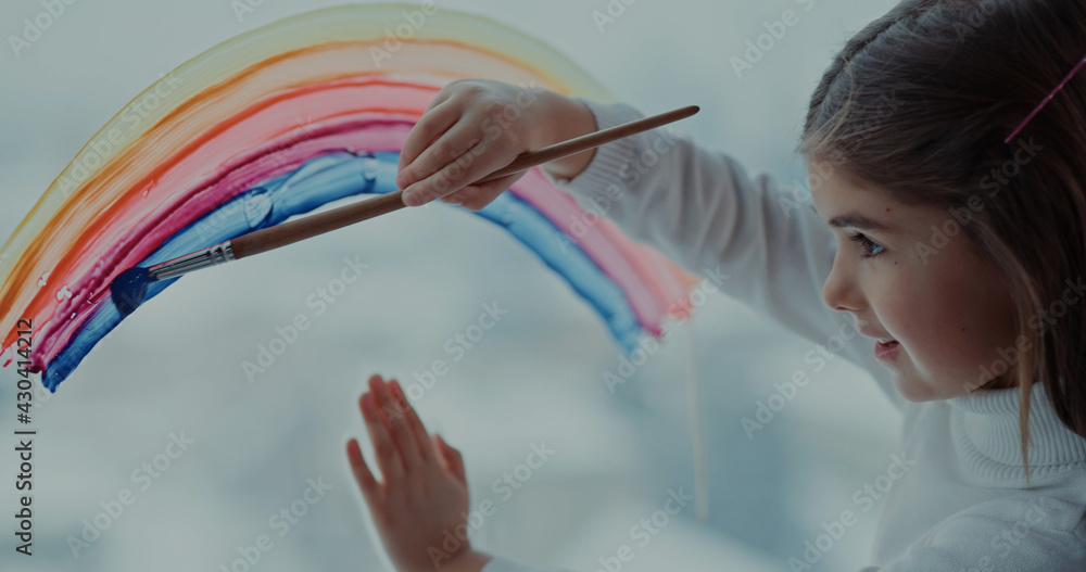 Inspired pretty young girl child drawing rainbow picture watercolor ...