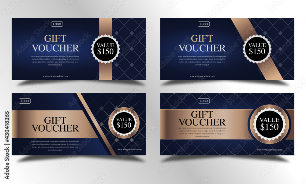 Set of dark blue and gold luxury gift voucher templates, coupon designs ...