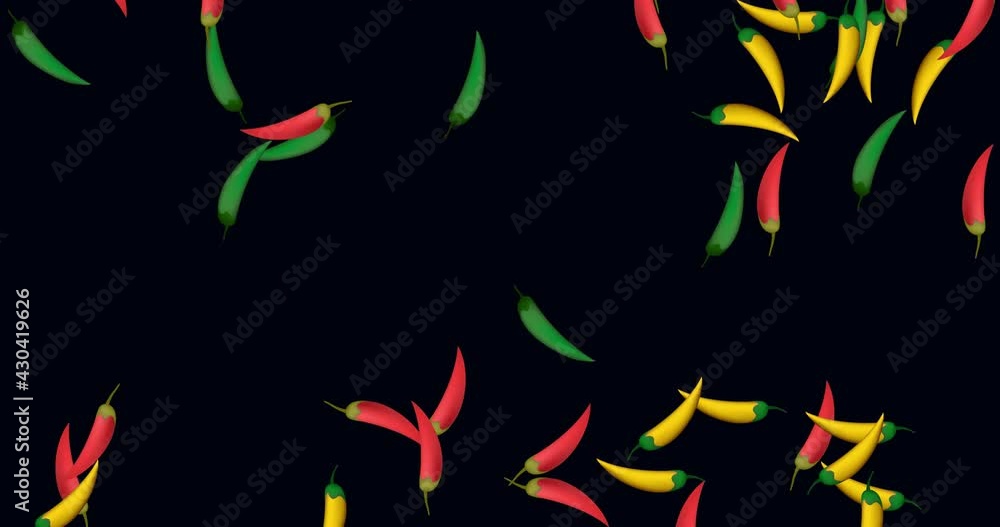 Chili peppers fly and spin on a black background. Animation of movement ...
