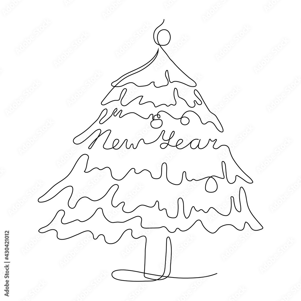 Single line Christmas tree illustration. Vector one line holliday art ...
