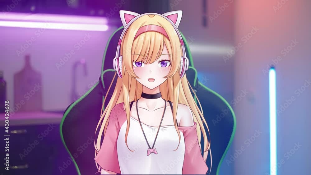 Cute anime girl vtuber on gaming chair with kitchen RGB in background ...
