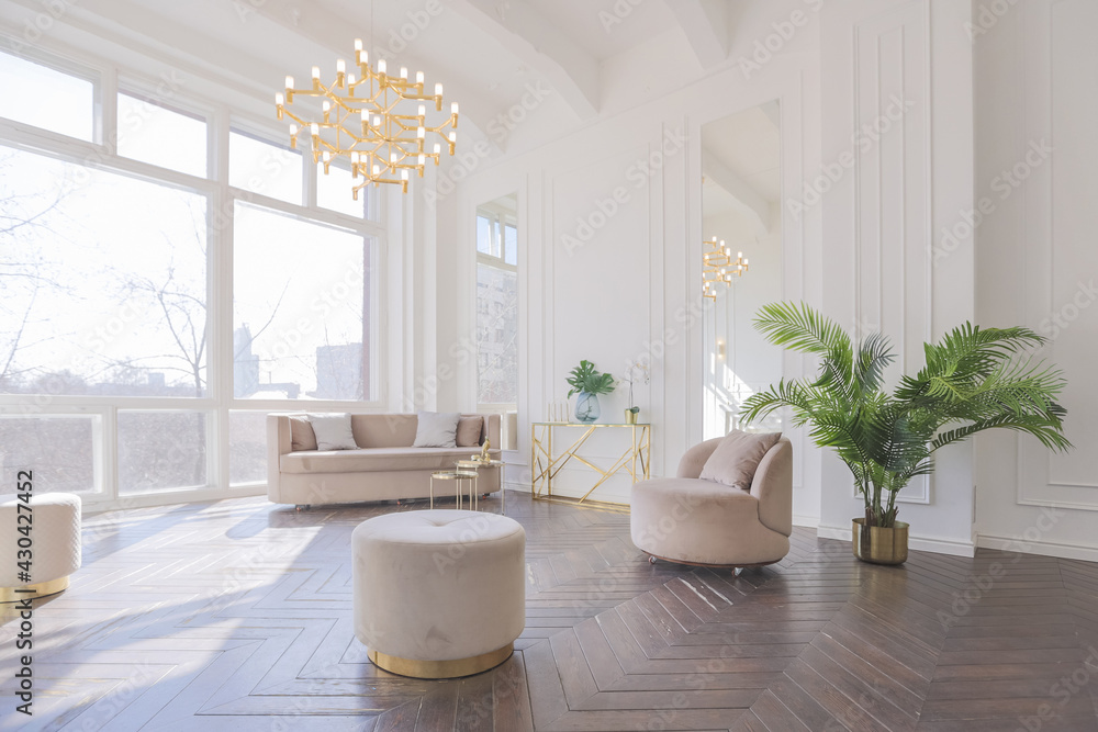 very light and bright interior of luxurious cozy living room with chic ...