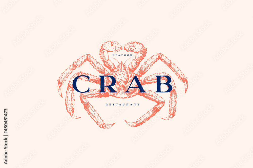 Logo template with an image of a red king crab drawn by graphic lines ...