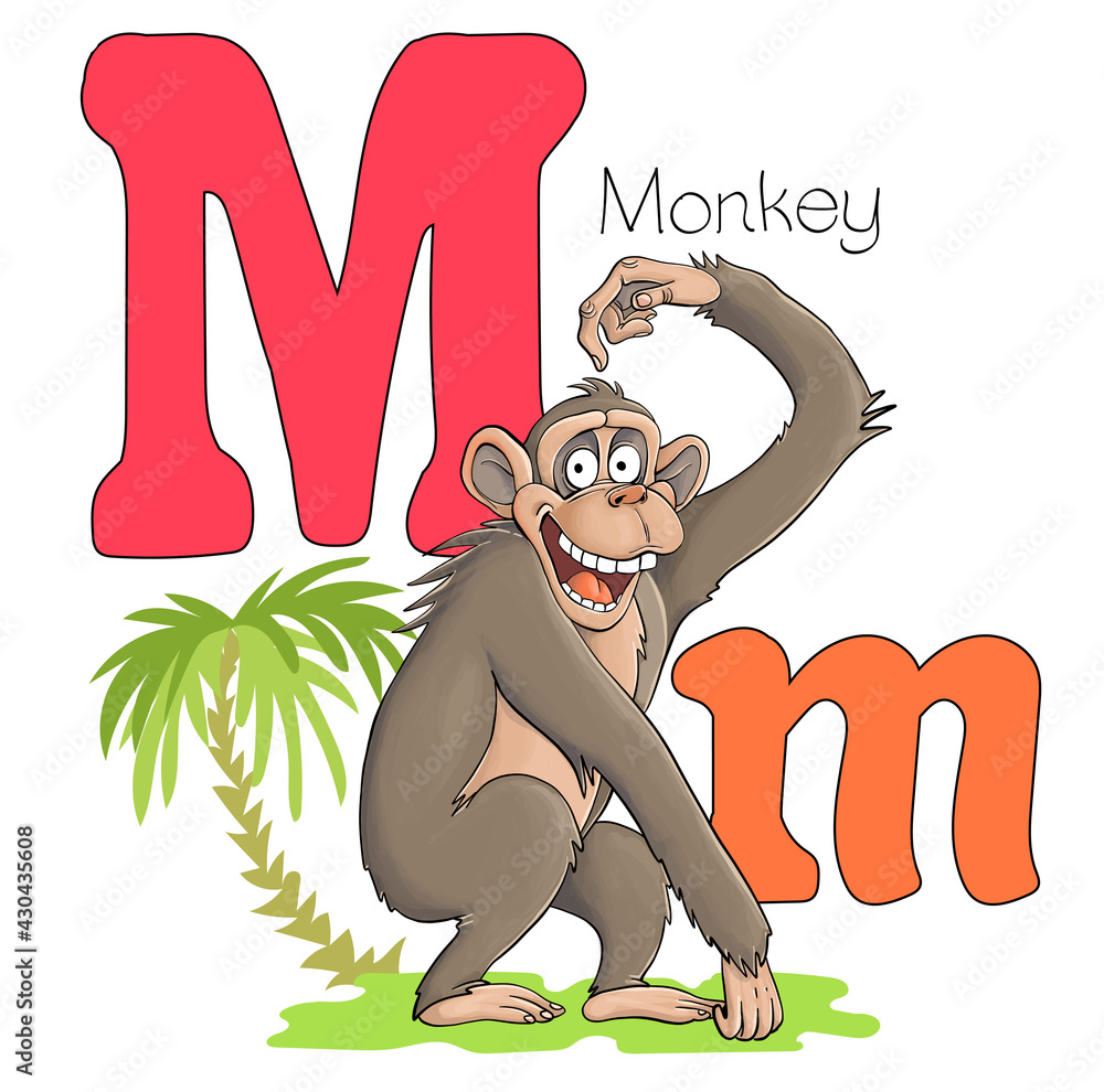 Vector illustration. Alphabet with animals. Large capital letter M with ...