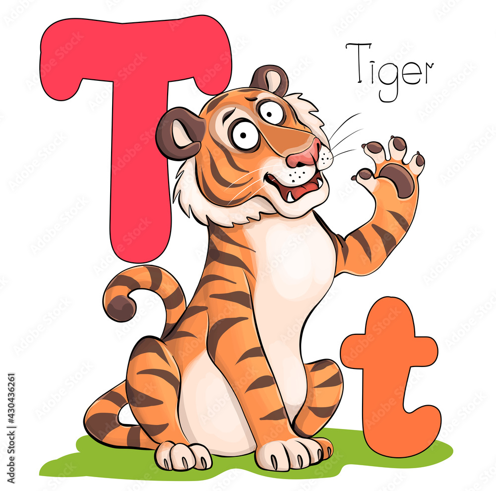 Vector illustration. Alphabet with animals. Large capital T with a ...