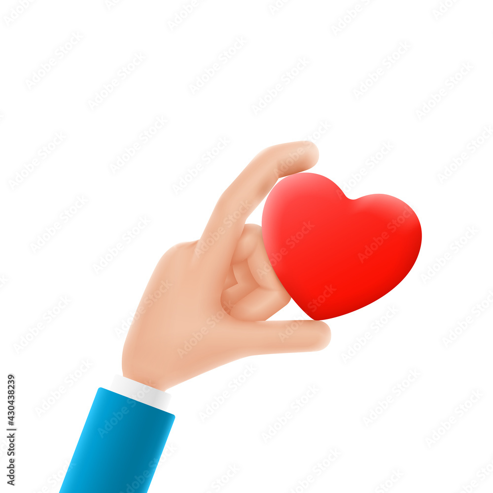 Cartoon hand holds red heart. Gesture of cartoon hand with red heart ...