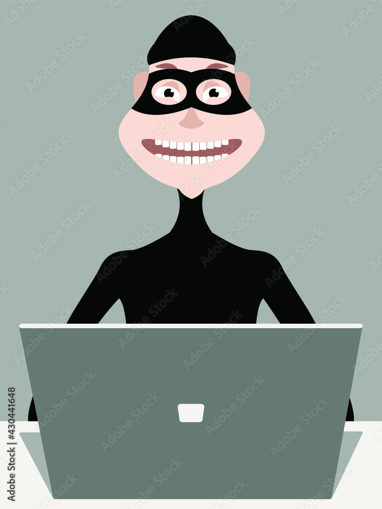 Vector graphics - a male hacker in a black hat and mask grins viciously ...