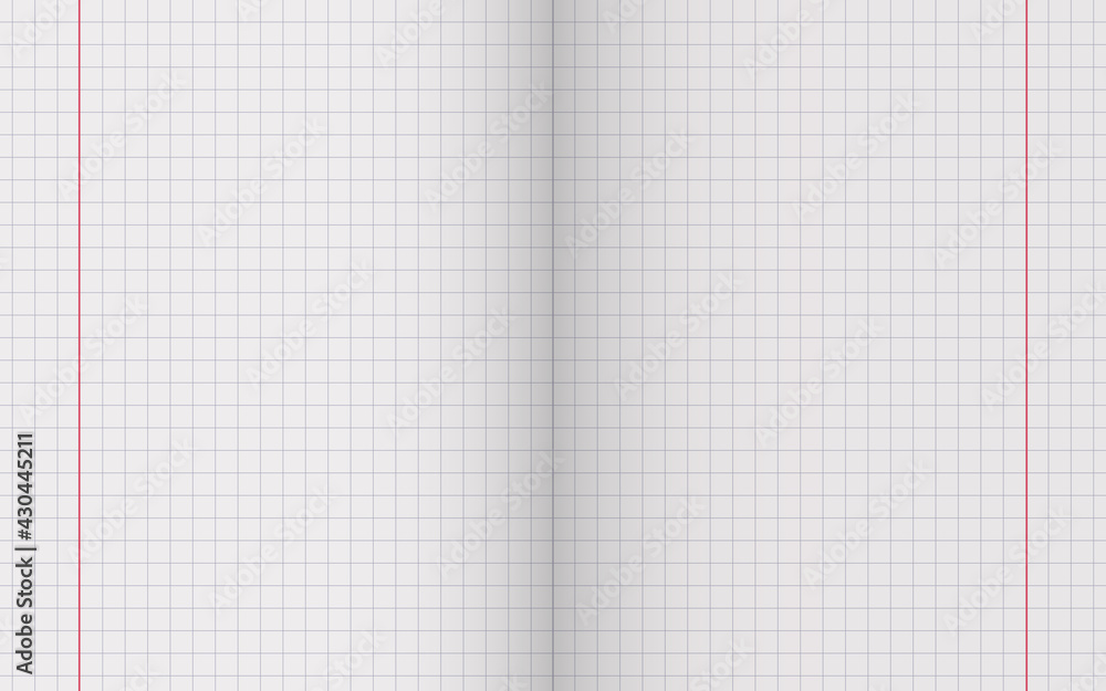 Page of school notebook with grid and margins. Blank page spread for ...
