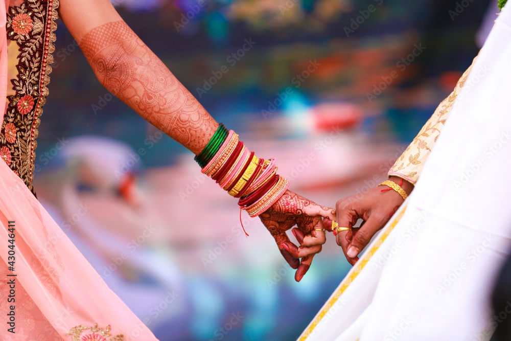 Indian couple hand in wedding Satphera ceremony in hinduism Stock Photo ...