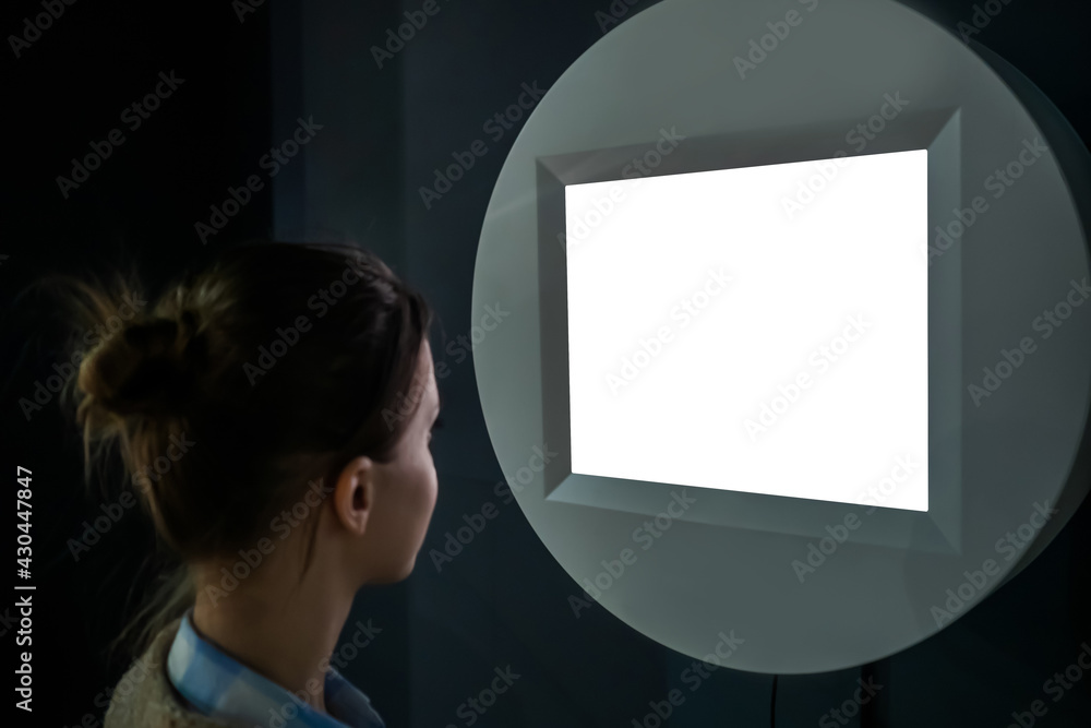 White screen, mockup, copyspace, template, technology concept. Woman ...