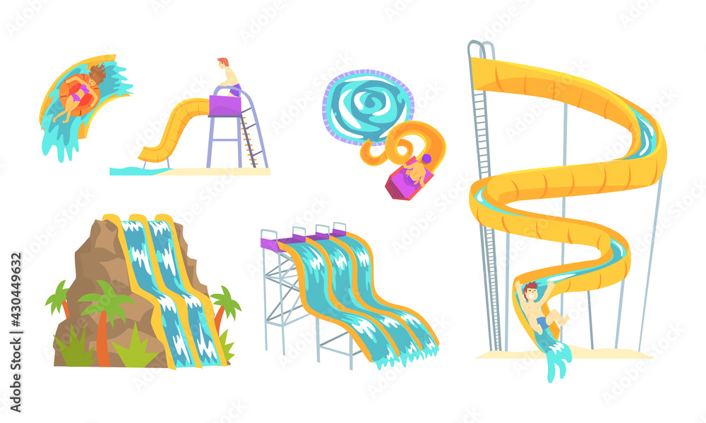 People Characters on Water Slides and Tube in Aquapark Vector ...