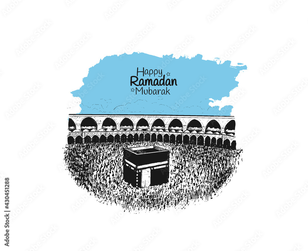 Ramadan Mubarak with holy kaaba illustration hand drawn isolated on ...