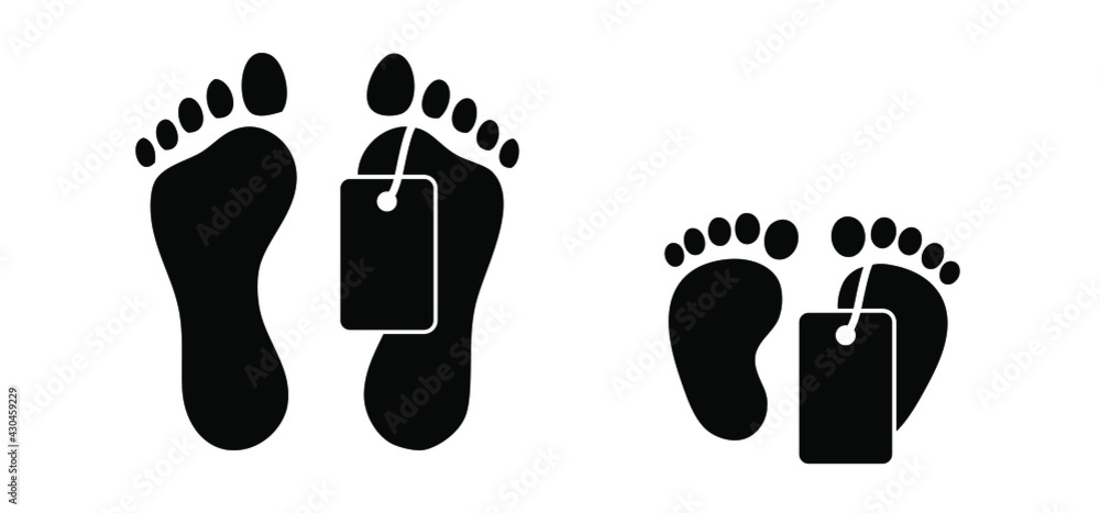 Feet with death tag. Human footprint. Death label. Body or baby in ...