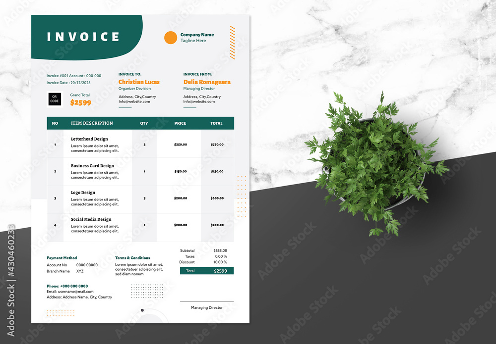 Clean Invoice Design with Green Accents Stock Template | Adobe Stock