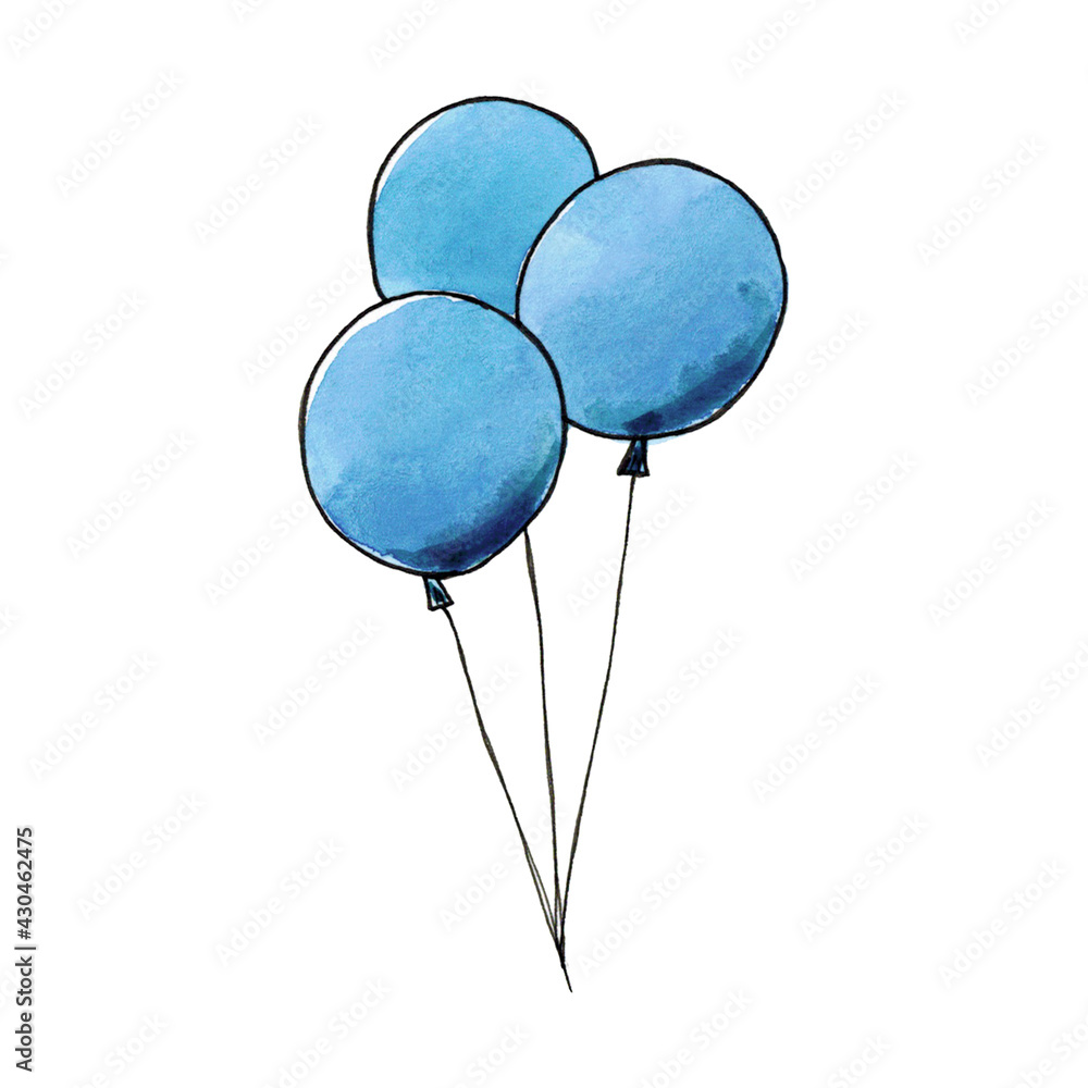 Watercolor hand drawn sketch illustration of blue balloons isolated on ...