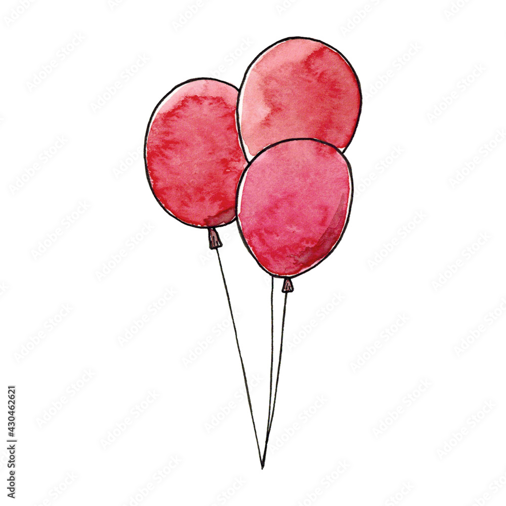 Watercolor hand drawn sketch illustration of pink balloons isolated on ...