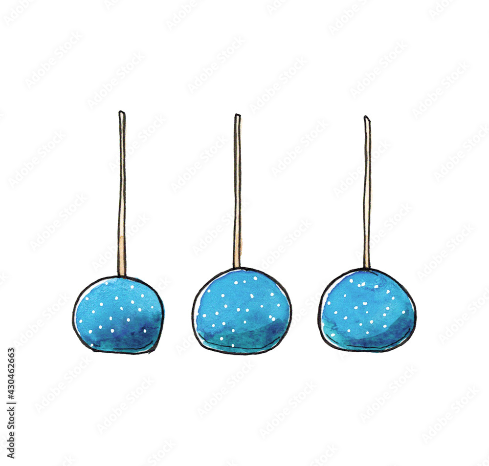 Watercolor hand drawn sketch illustration of three keypops in blue ...