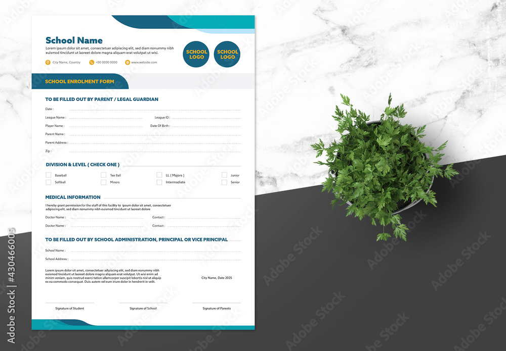 School Registration Form with Green Accents Stock Template | Adobe Stock
